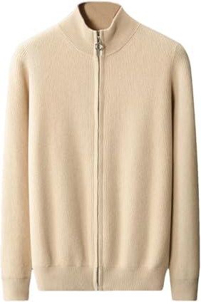 Generic Pull dhiver pour homme 100 % laine haut col rond tricot&eacute; fermeture &eacute;clair cardigan &eacute;pais chaud &agrave; manches longues, beige, XL
