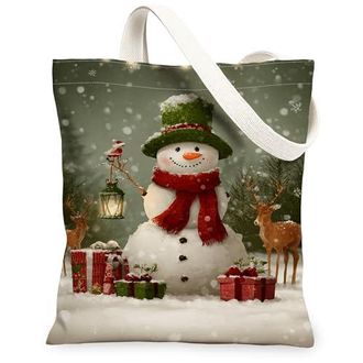Generic Sacs fourre-tout en toile motif bonhomme de neige de No&euml;l, sacs d&eacute;picerie r&eacute;utilisables, vintage, l&eacute;gers, lavables, vert, 13x15 Inch