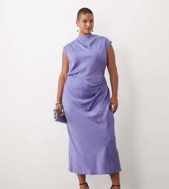 Asos Curve ASOS DESIGN Curve robe midi &agrave; col montant et corsage pliss&eacute; en lavande-Bleu