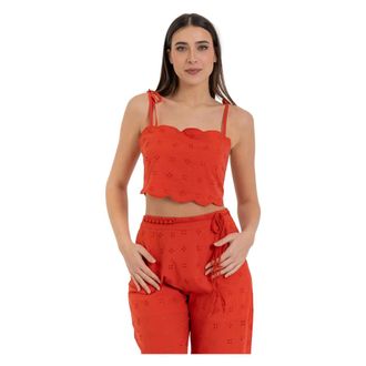 Kocca Femme, Tops, Rouge, Taille: 44 FR Crop top en coton avec broderie anglaise et bretelles &agrave; nouer