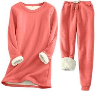 Generic Survêtement de loisirs pour femme sans capuche | Pyjama dhiver douillet | Col rond et duveteux 2 pièces Survêtement en polaire chaud à manches longues
