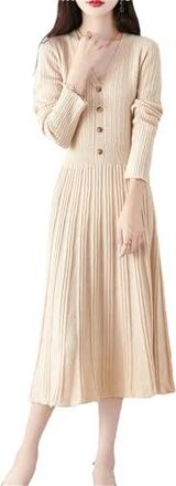 Generic Robe longue en laine mérinos pour femme - Jupe plissée - Col en V, beige, S