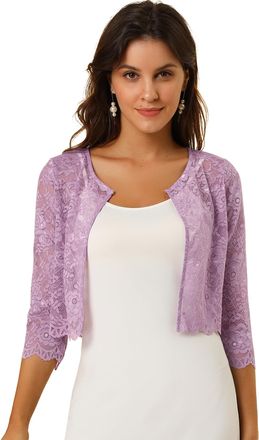 Allegra K Damen Brautjacke Spitzen Bolero Festlich Kurz 3/4 &Auml;rmel Durchsichtig Blumen Spitze Shrug Crop Cardigan Boleros Violett S