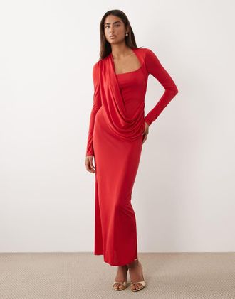 Asos Robe longue pr&egrave;s du corps &agrave; encolure carr&eacute;e avec d&eacute;tail drap&eacute; asym&eacute;trique - Rouge
