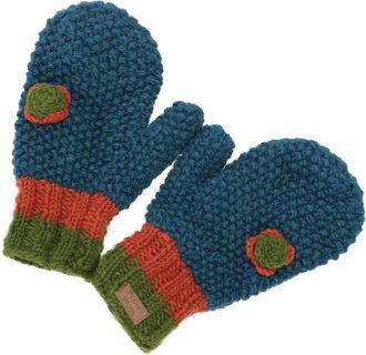 Guru Shop Handschuhe, Gestrickte Fausthandschuhe mit H&auml;kelbl&uuml;mchen Nepal - Petrol, Herren/Damen, Wolle