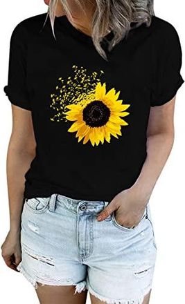 Generic Chemise Graphique Tournesol pour Femmes Mignon Fleur Manches Courtes t-Shirt décontracté Hauts Veste Sweat Capuche Femme Pull Femme Elegant (Yellow, M