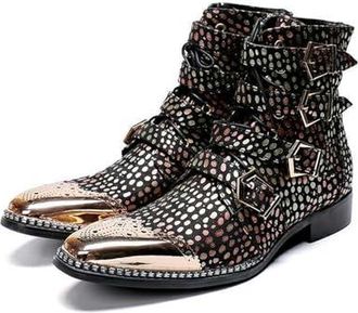 Generic Bottes de cowboy en cuir v&eacute;ritable pour homme avec boucles dorteil en m&eacute;tal, bottes mi-mollet, bottes de moto, Noir, 39 1/3 EU