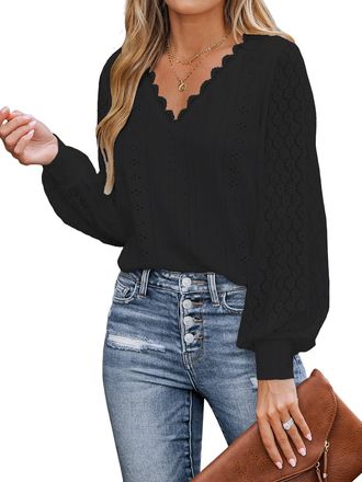 Cupshe Damen Blusen V-Ausschnitt Spitzen Wellenkante Puff&auml;rmel Langarmshirt L&auml;ssige Lace Oberteile Tunika Bluse Tops Schwarz XS