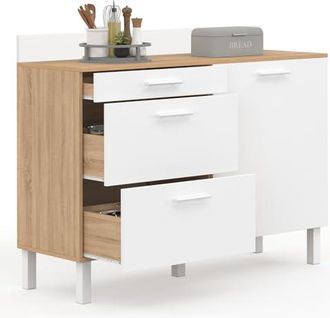 IDMarket Buffet Bas de Cuisine 120 cm casserolier CINA Plan de Travail H.83 cm 1 Porte + 3 tiroirs fa&ccedil;on h&ecirc;tre et Blanc