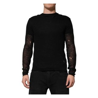 Dolce & Gabbana Homme, Tops, Noir, Taille: M T-shirt &agrave; Manches Longues en Lin Noir en Maille D&eacute;chir&eacute;e