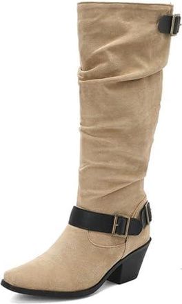Generic Bottes dhiver larges pour femme avec boucle de ceinture, bout carré, talon épais, chaussures de moto, beige, 39.5 EU