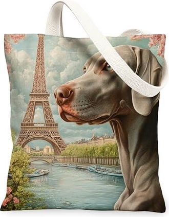Generic Sac fourre-tout en toile motif chien de Weimar printaner 33 x 38,1 cm, tour romantique, sac d&eacute;picerie r&eacute;utilisable pour femme, animal de compagnie, pe