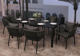 Mendler Gartengarnitur HWC-N41, Tisch+6xStuhl, wetterfest Alu 180x80cm, Seilgeflecht Rope - anthrazit, Kissen dunkelgrau