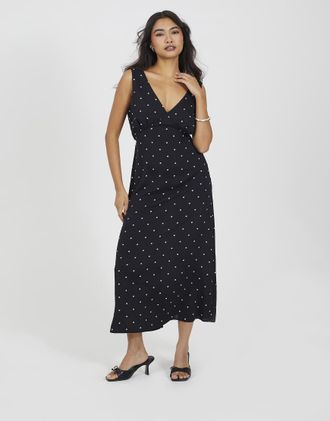 Brave Soul Robe mi-longue en biais &agrave; col V et imprim&eacute; fleuri - Noir