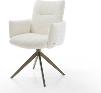 DELIFE Drehstuhl Jova-Flex mit Armlehnen Bouclé Weiß Kreuzgestell breit Effektfinish Titan 360° drehbar Taschenfederkern, Esszimmerstühle