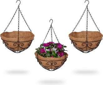 Relaxdays Blumenampel 3er Set, Metallkorb & Kokoseinlage, H x D: 48 x 31 cm, H&auml;ngepflanzen, innen & au&szlig;en, braun/schwarz