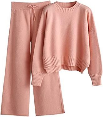 Generic Femme 2 Pcs Pull Ensemble Tricot&eacute; Hiver Sweater Top en Maille Sweatshirt Chaud Chandail Sport Pantalon Jambe Large Hiver Ensemble Sportswear Longues O