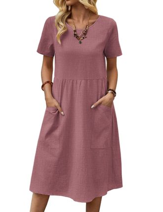 Zeagoo Sommerkleid Damen Leinen Casual Kleid Baumwolle Kleider Sommer Rundhals Strandkleid Kurzarm Tunika Kleid mit Taschen Rosa L