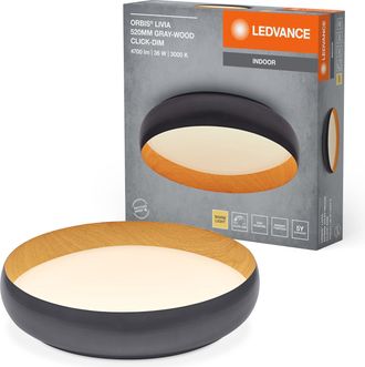 Ledvance ORBIS Livia LED-Deckenleuchte mit Metallring, grau/Holzdekor, 36W, 2000lm, 3000K, 520mm, 830 freundliches Warmweiß, durch Klicken in 3-Stufen dimmbar,