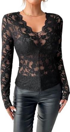 Generic Femmes Floral Broderie Dentelle Maille Top Deep V - Neck Slim Shirt pour la F&ecirc;te de Mariage