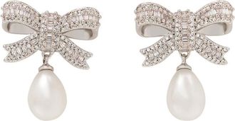 Self Portrait Femme, Accessoires, Gris, Taille: ONE Size Crystal Bow Pearl Droplet Earrings