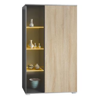 Vladon Vitrine Davos, Made in Germany, Standvitrine mit 3 Glasb&ouml;den und 8 F&auml;cher inkl. LED, Anthrazit matt/Eiche s&auml;gerau (71,5 x 134 x 35 cm)