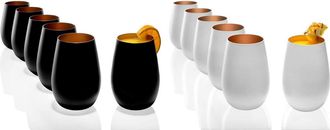 Stölzle Becher 465 ml, 12er Set, Wassergläser 6x schwarz und 6x weiß (matt) und Bronze, spülmaschinenfest + Gratis 4er Set EKM Living Edelstahl Trinkhalme