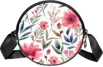 Generic Petit sac &agrave; bandouli&egrave;re circulaire pour femme, motif feuilles florales, sac &agrave; dos avec fermeture &eacute;clair, bretelles r&eacute;glables, sac &agrave; main rond d&eacute;contra