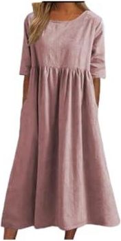 Generic Robe dextérieur décontractée Basique en Coton smocké à col Ras du Cou et Poches pour Femme (Rose,TG)