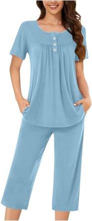 Generic Ensemble Femme Ete 2 Pcs Set Pyjamas Ete Coton Nightwear Chic Femmes Leger Sets Pyjama Capri Chemisier Manches Courtes Pantalon 3/4 Costume Bleu Ensem