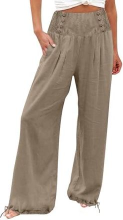 Generic Pantalon en Lin Ete Femme D&eacute;contract&eacute; Fluide Pantalon Ample D&eacute;contract&eacute; en Coton et Lin pour Femmes Couleur Unie Boutons Linen Pants Women Ample L&eacute;ger