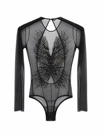 Amen Bead and Crystal Embroidered Bodysuit - Black