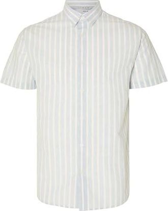 Selected SELETED HOMME Slhreg-New Linen T-Shirt SS Noos Chemise à Manches Courtes, Bleu Cachemire/Rayures : Rayures