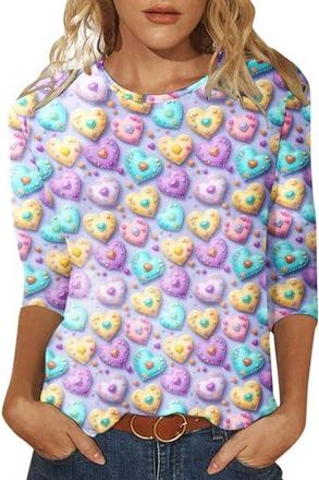 Generic T-shirt &agrave; col rond et manches trois-quarts pour la Saint-Valentin 2026, bleu, XL