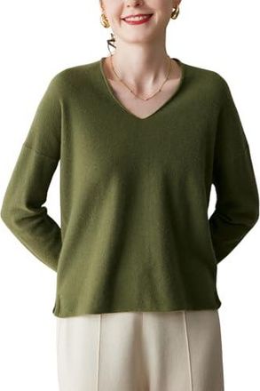 Dissa Pull Cachemire Femme Col V Uni Tricot&eacute; en Vrac Manches Longues Fin Pull en Cachemire et Laine,Vert,EU 38,MY2595