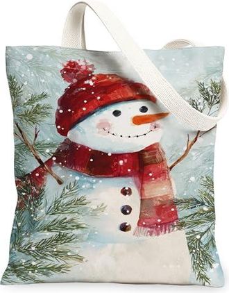 Generic Sacs fourre-tout en toile motif bonhomme de neige festif, sacs de courses r&eacute;utilisables, l&eacute;gers et lavables avec bandouli&egrave;re, blanc, 13x15 Inch