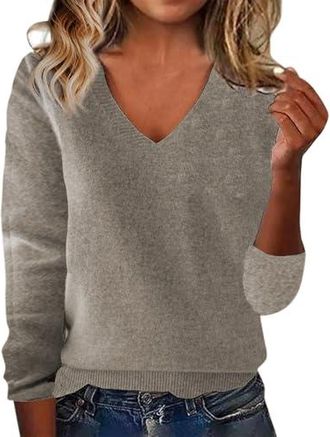 Generic Pull pour femme - Couleur unie - Col en V - Manches longues - Pull tricoté doux au toucher - Pull en cachemire - Sous-vêtements thermiques pour femme 