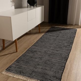 benuta Basic Tapis Coton Tom - Noir 70x200 cm - Tiss&eacute; &agrave; Main - 100% recycl&eacute; - Compatible avec Chauffage au Sol - pour Salon, Chambre, Couloir, Salle &agrave; Manger