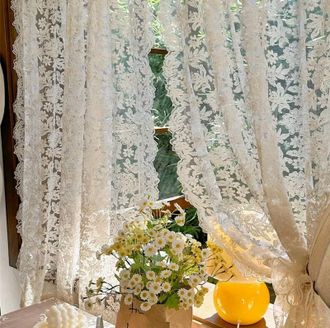 Generic Französischer Vintage-Beige-Gaze-Vorhang mit Stickerei, gewellter Rand, europäische Spitzen-Trennvorhang, W130cmXH200cm 1pc, Unisex, Schlafzimmer, Woh