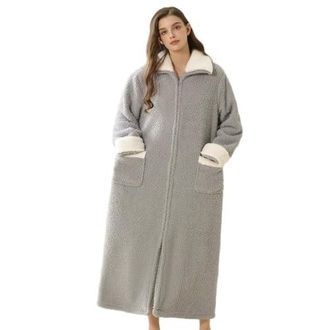 Generic QXDZSW Chemise de nuit &agrave; fermeture &eacute;clair pour femme Automne et hiver Peignoir simple &eacute;pais &eacute;pais pyjama une pi&egrave;ce chaud et portable, gris, XL