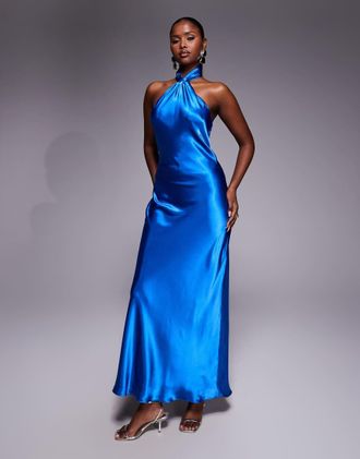 Forever New Satin-Maxikleid in Blau mit Neckholder-Tr&auml;ger und Knoten vorne