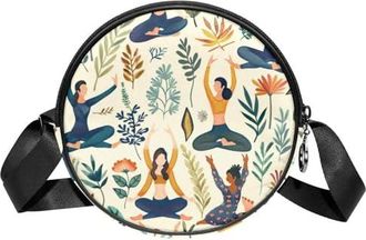 Generic Petit sac &agrave; bandouli&egrave;re rond pour femme, imprim&eacute; yoga, sac &agrave; dos avec fermeture &eacute;clair, bretelles r&eacute;glables, sac &agrave; main rond d&eacute;contract&eacute; pour femmes e