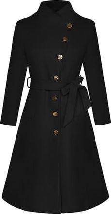 Grace Karin Manteau midi pour femme avec col rabattable Manteau A-ligne &agrave; boutonnage simple avec ceinture, Noir, XXL