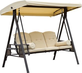 OUTSUNNY 3-Sitzer Hollywoodschaukel Gartenschaukel mit Sonnendach Kissen Metall Polyester Beige+Braun 121 x 208 x 172 cm
