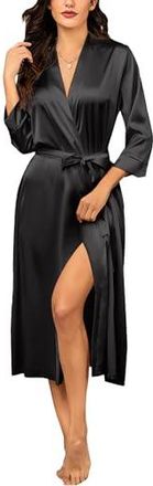 Ekouaer Peignoir Robes En Soie Pour Femmes Longues Peignoir Demoiselles Dhonneur Fête De Mariage Robes En Satin Vêtements De Nuit Avec Poches, Noir, S