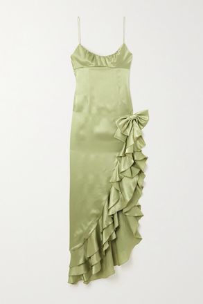 Alessandra Rich Asymmetrisches Maxikleid Aus Seidensatin Mit Volants - Gr&uuml;n