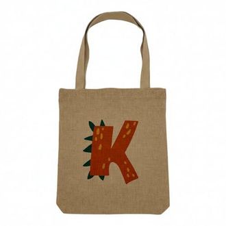 Fabulous Sac Shopping Tote Bag Aspect Lin - K Kylian Kate Lettre Pr&eacute;nom Dinosaure Dessin Enfant - Sac de Courses Toile Epaisse 360g Beige Naturel Cabas Port&eacute; E