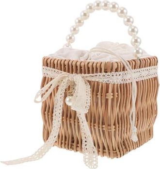 Supvox Paquet en Rotin Tress&eacute; &agrave; la Main pour Femme - Paquet &agrave; Main Panier avec Poign&eacute;e Sup&eacute;rieure Bandouli&egrave;re Cha&icirc;ne en Fausses Perles Noeud D&eacute;coratif L&eacute;ger 