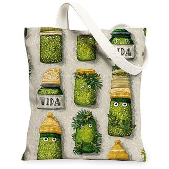 Generic Sacs fourre-tout en toile verte, motif plante amusante, sacs d&eacute;picerie r&eacute;utilisables, vintage, l&eacute;gers, lavables, vert, 13x15 Inch