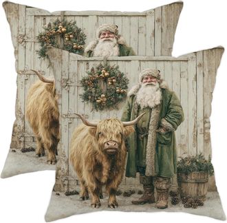 Generic Weihnachtskranz Mit Rustikalem Hochlandrind Und Weihnachtsmann-Motiv, Weihnachtlich Gr&uuml;n Kissenh&uuml;lle Atmungsaktiv Sofakissenbezug Mit Rei&szlig;verschluss K